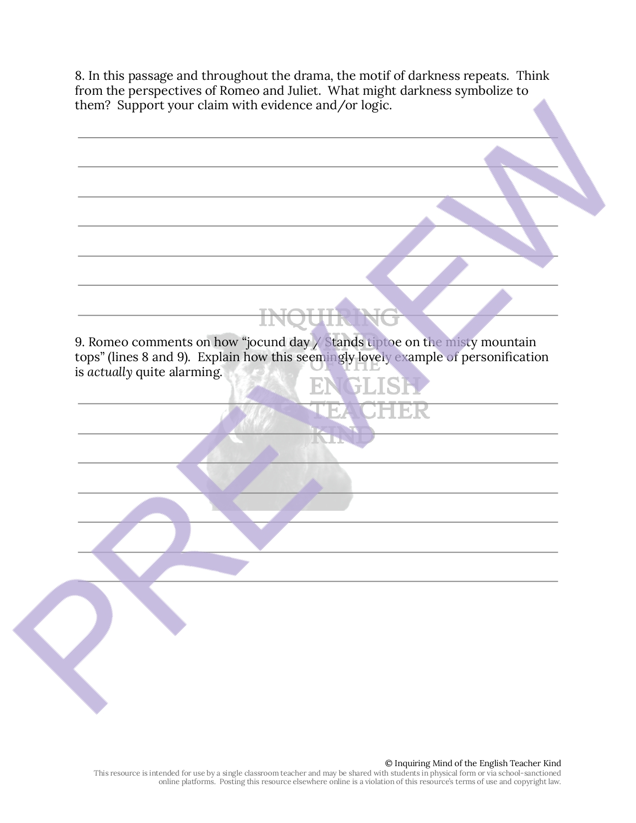 Romeo and Juliet Act 3 Scene 5 Close Reading Worksheet | Teaching Resources