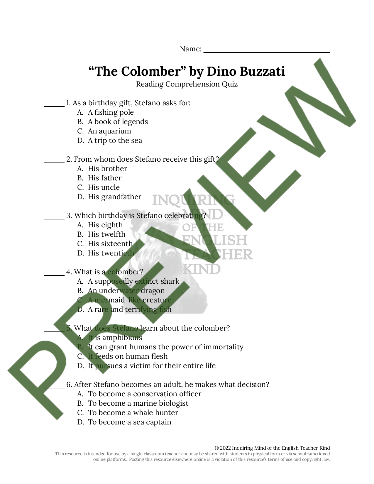 “The Colomber” by Dino Buzzati Quiz and Answer Key | Teaching Resources