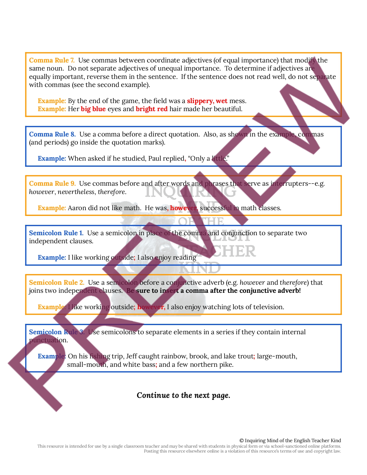 Grammar Worksheet on Commas, Semicolons, and Conjunctions | Teaching ...