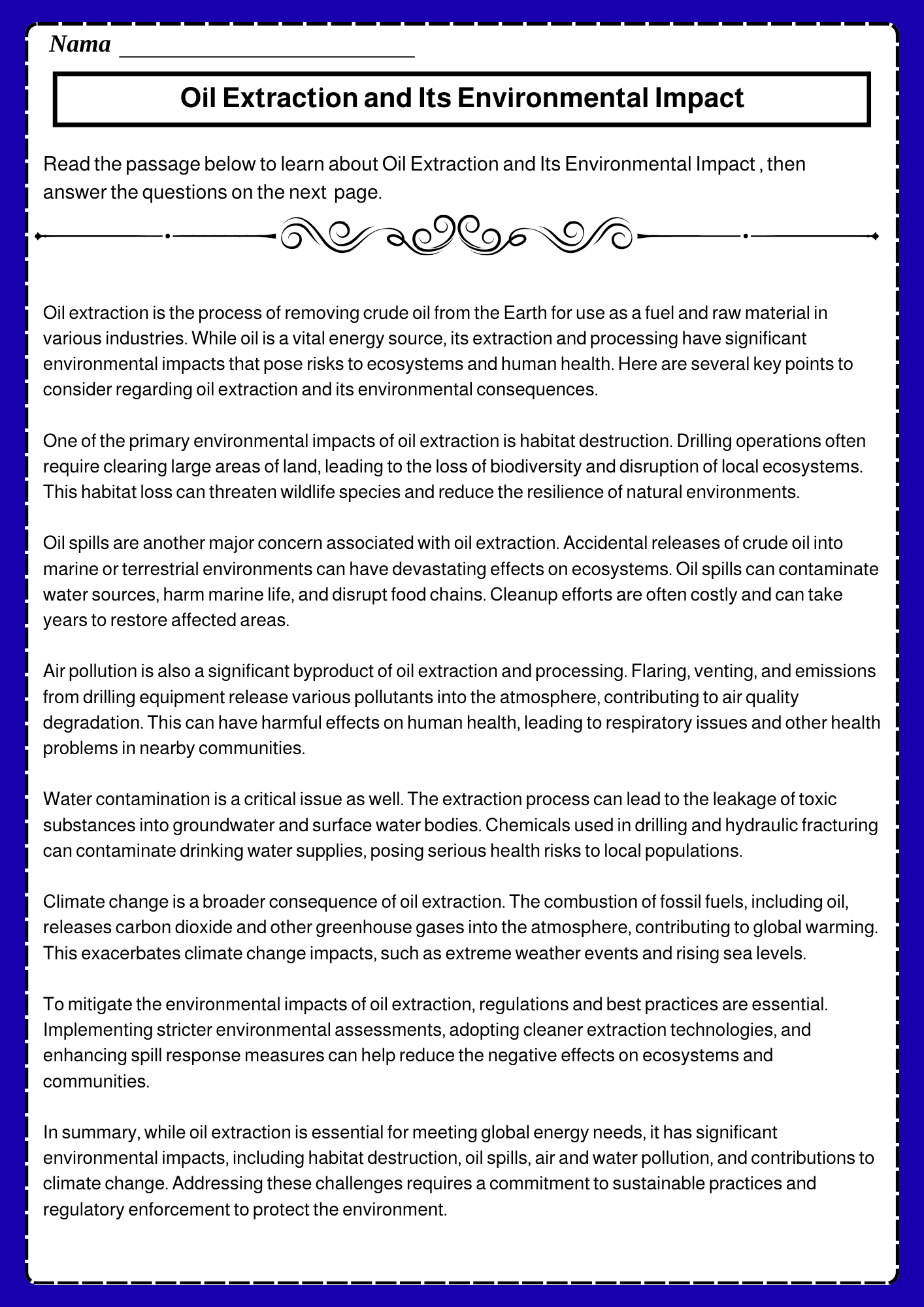 Oil Extraction and Its Environmental Impact Reading Comprehension ...