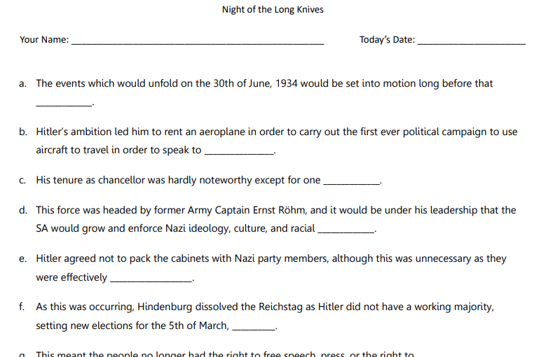 Night of the Long Knives video worksheets, differentiated. | Teaching ...