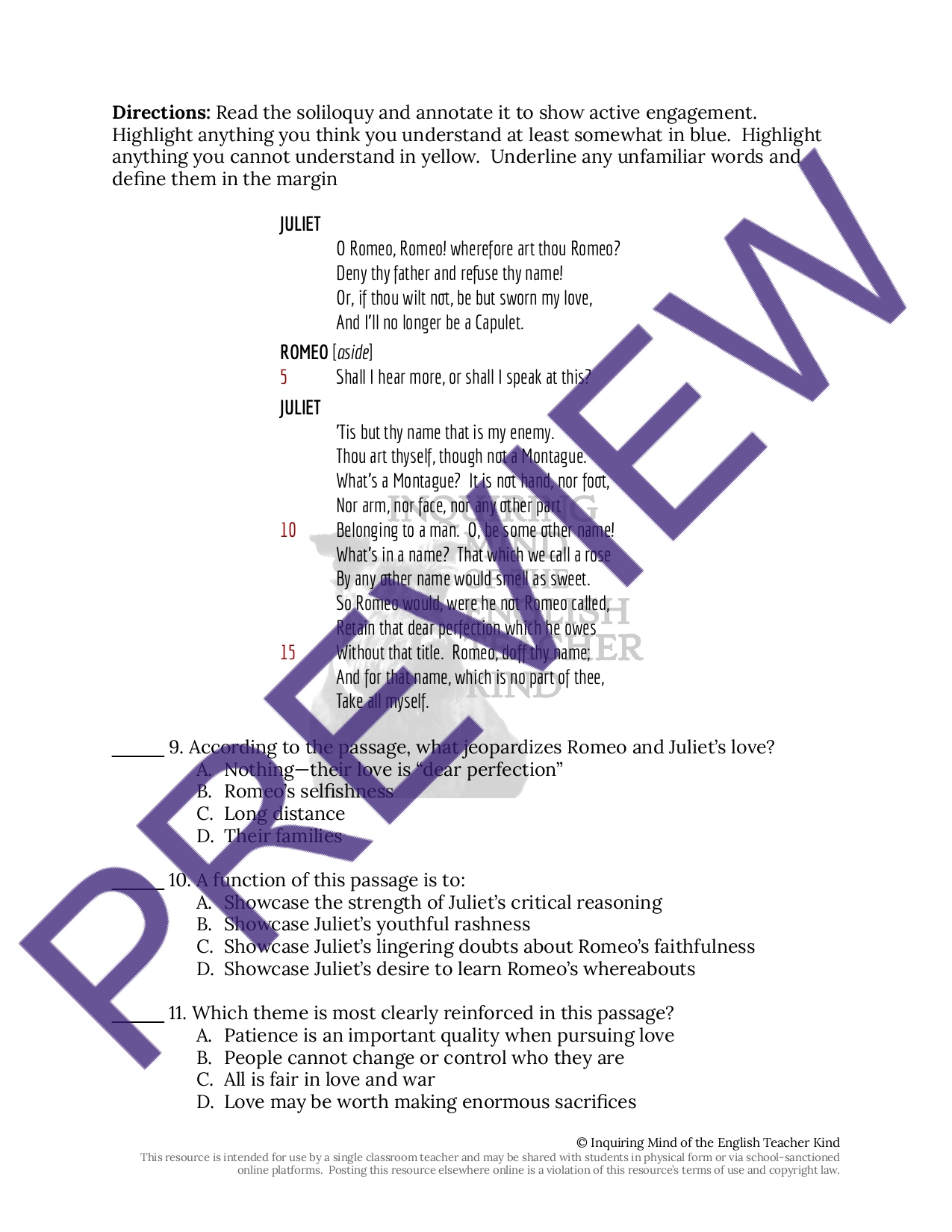 Romeo and Juliet Act 2 Scene 2 Close Reading Worksheet | Teaching Resources