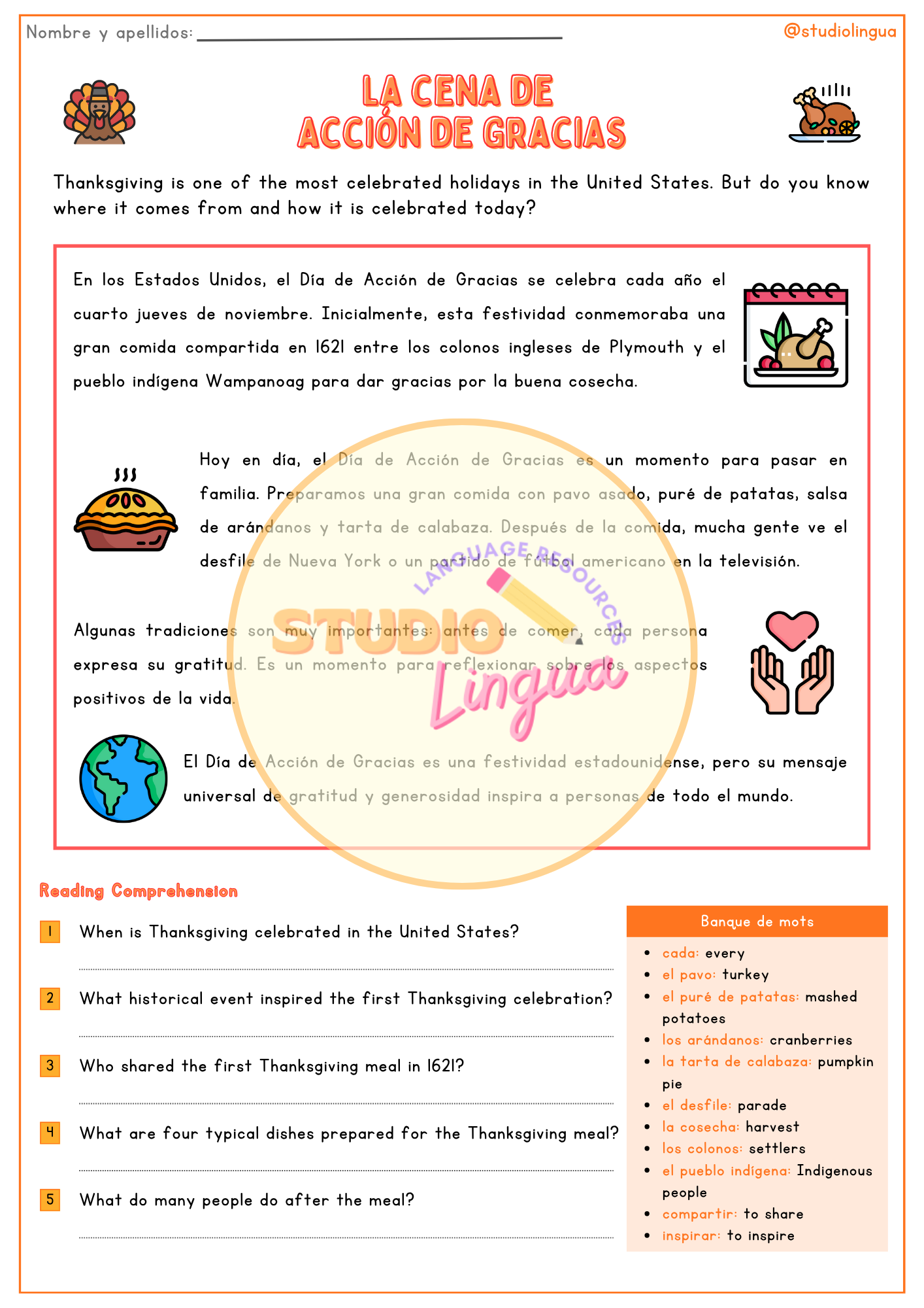 Thanksgiving Dinner | Spanish Reading Comprehension Worksheet | KS3-KS4 ...