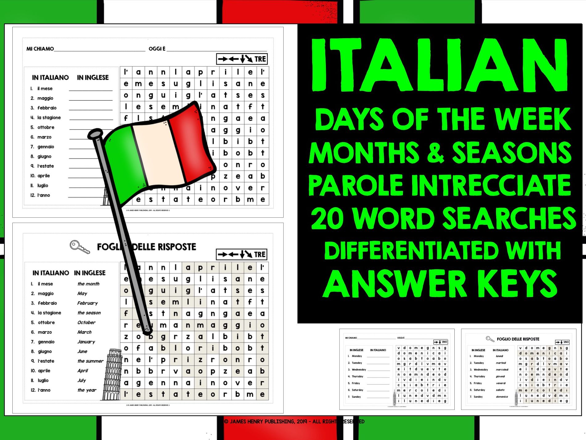 ITALIAN DAYS MONTHS SEASONS WORD SEARCHES | Teaching Resources