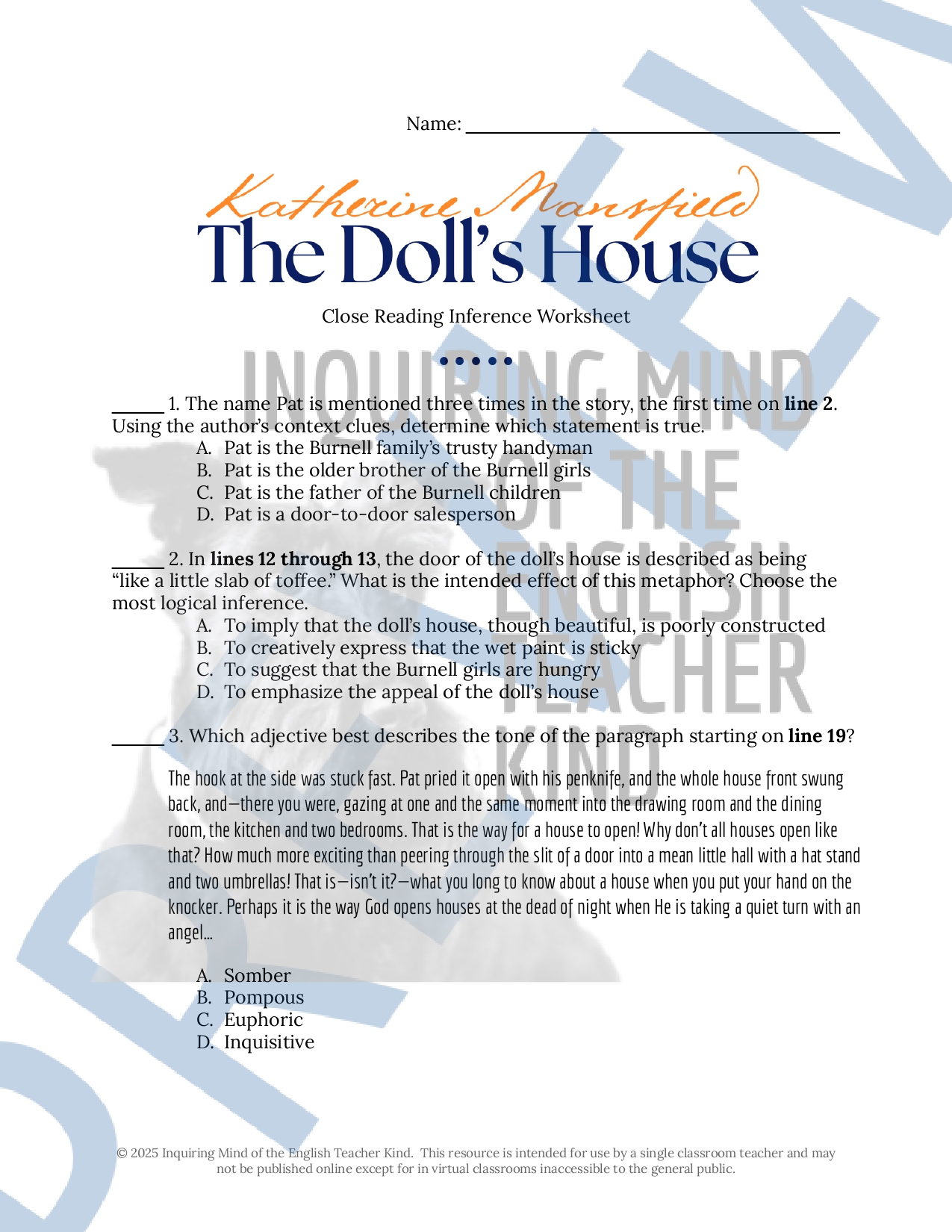 "The Doll's House" by Katherine Mansfield Close Reading Inference ...
