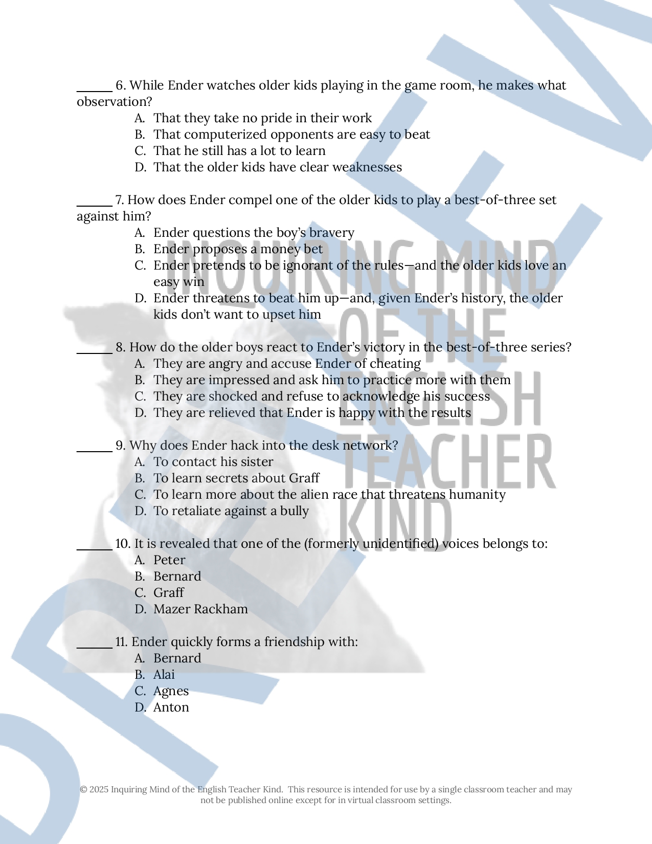 Ender's Game Chapters 5 and 6 Quiz and Answer Key | Teaching Resources