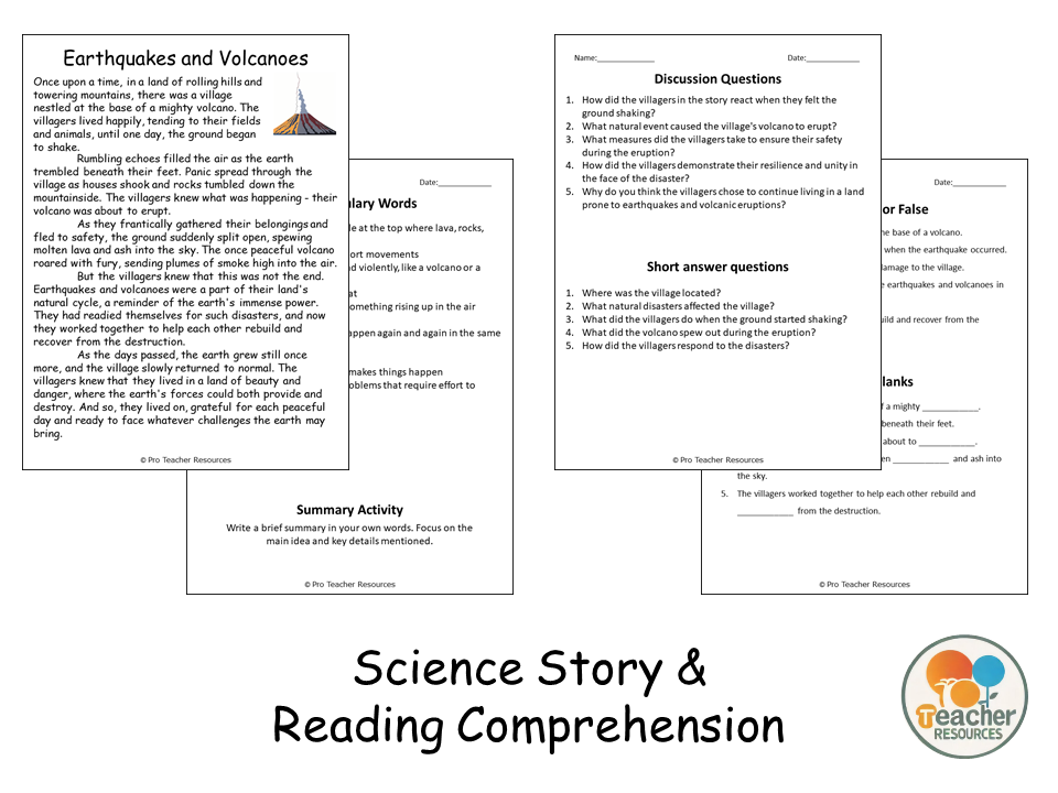 Earthquakes and Volcanoes Reading Science Story Comprehension Questions ...
