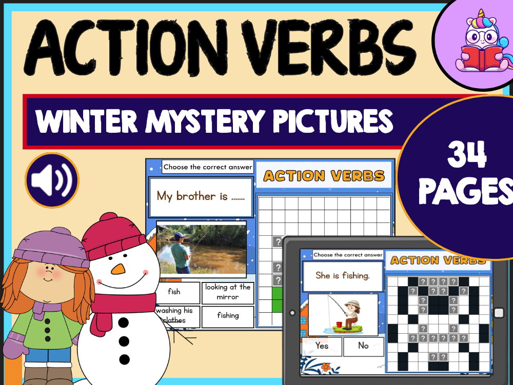 Winter Action Verbs Mystery Pictures Set 1 Review Activities | Teaching ...