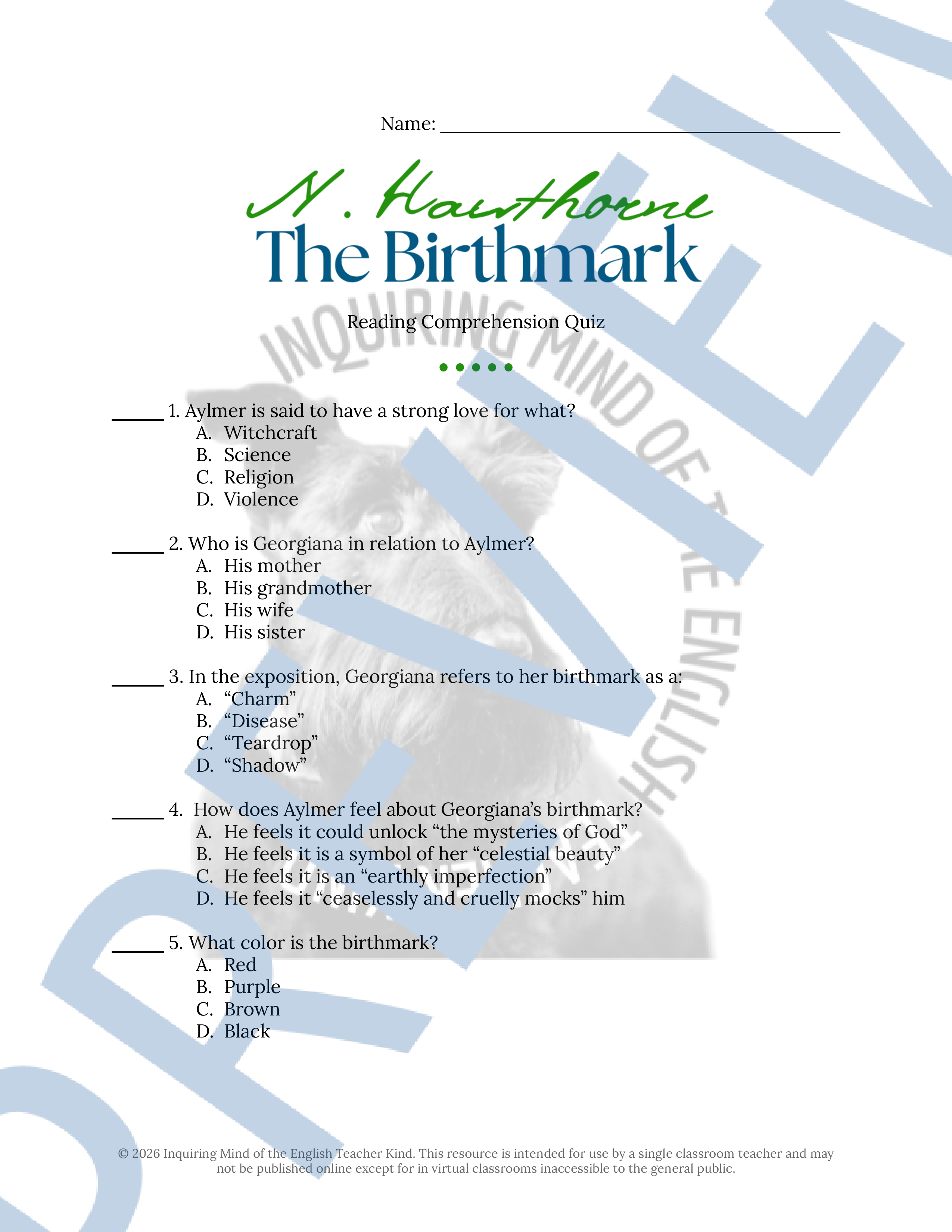 "The Birthmark" by Nathaniel Hawthorne Quiz and Answer Key | Teaching ...
