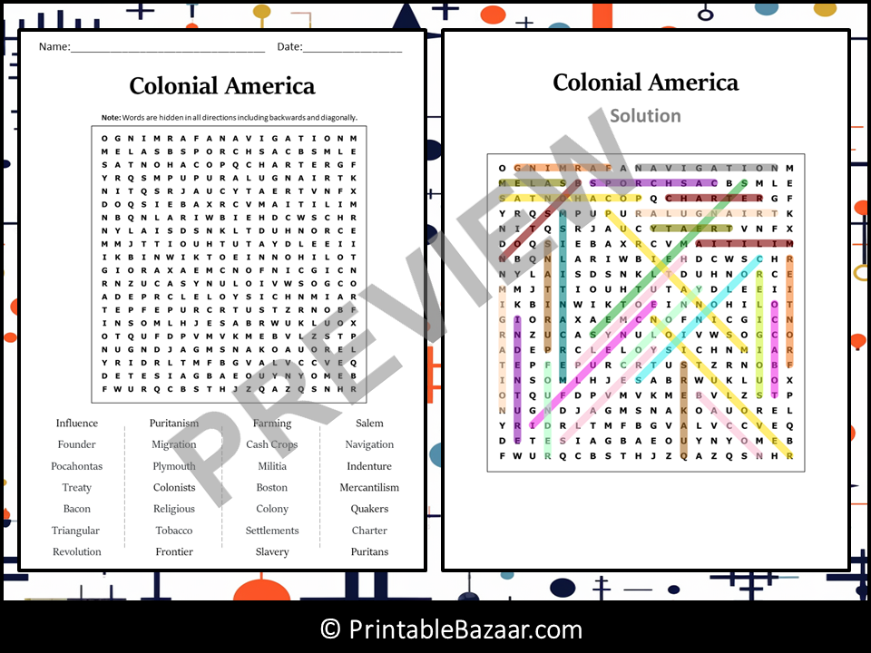Colonial America Word Search Answers Ducksters Printable Version - Word ...