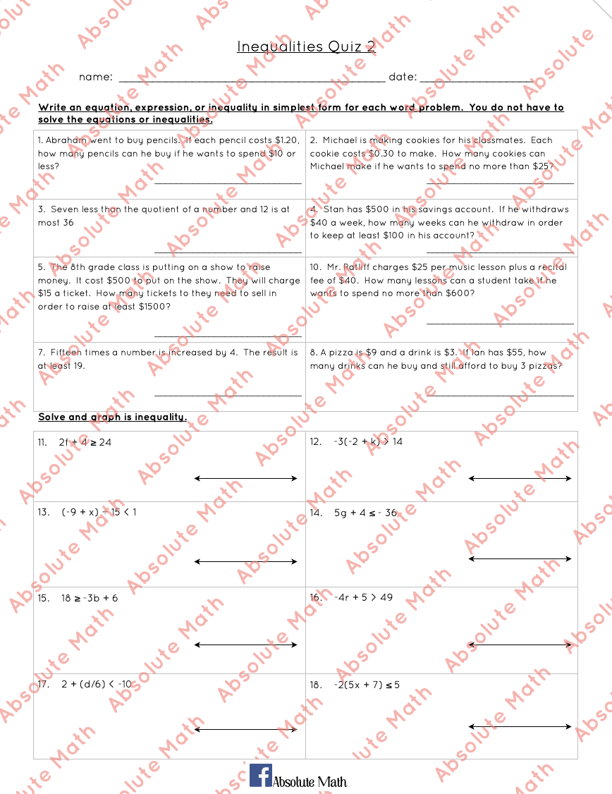 Inequalities Quiz 2 | Teaching Resources