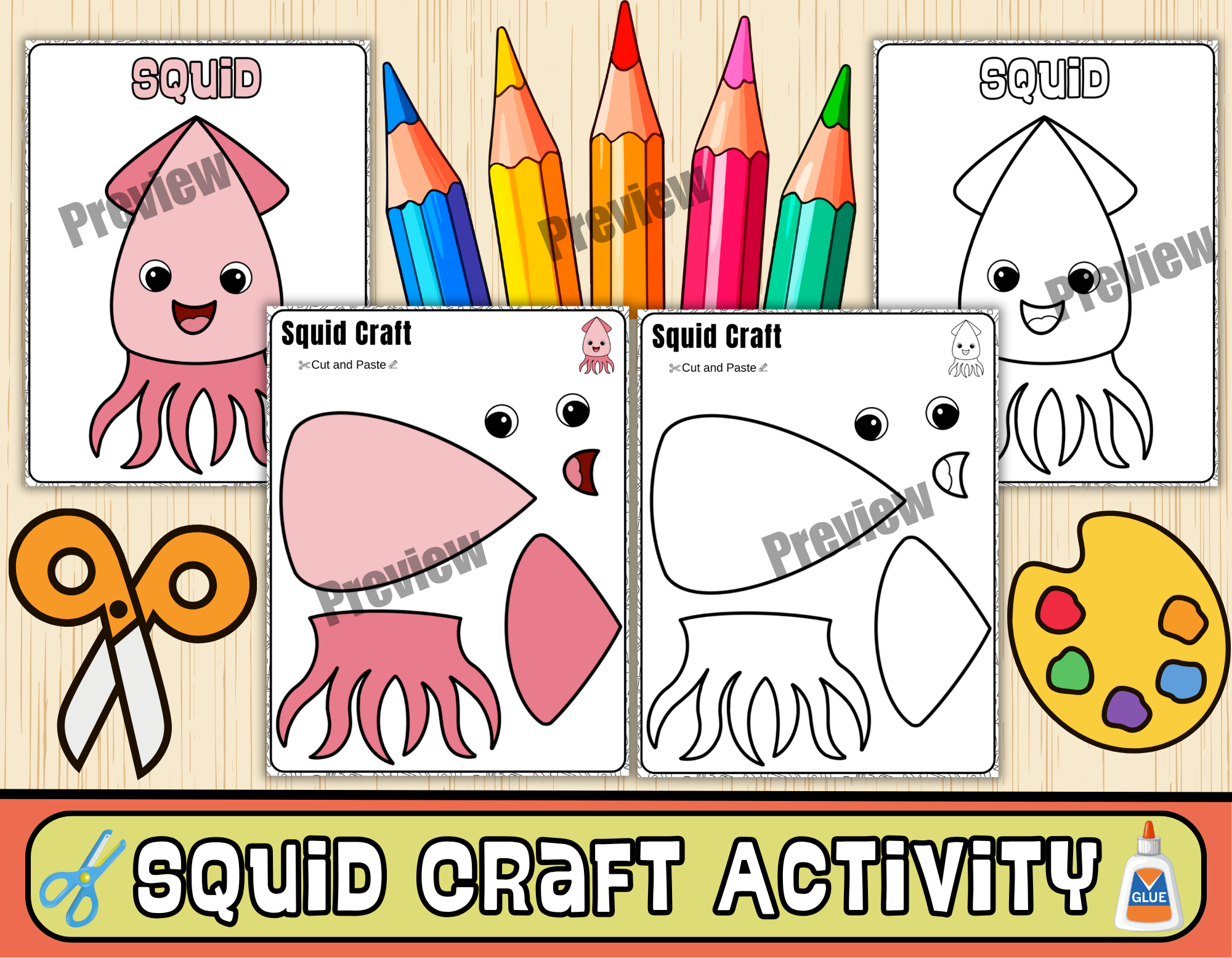 Squid Craft Template-Ocean Animals Bulletin Board Craft-Summer Cut ...