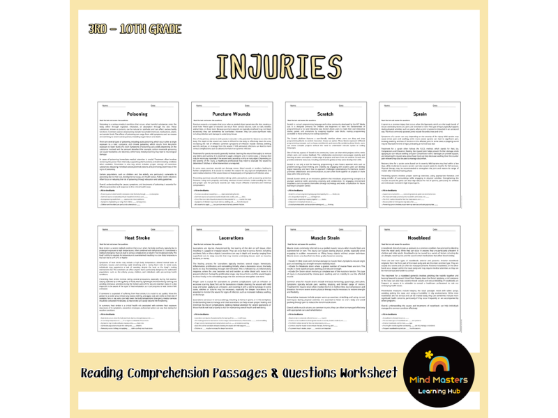 Injuries Reading Comprehension Passages & Questions Worksheets Bundle ...