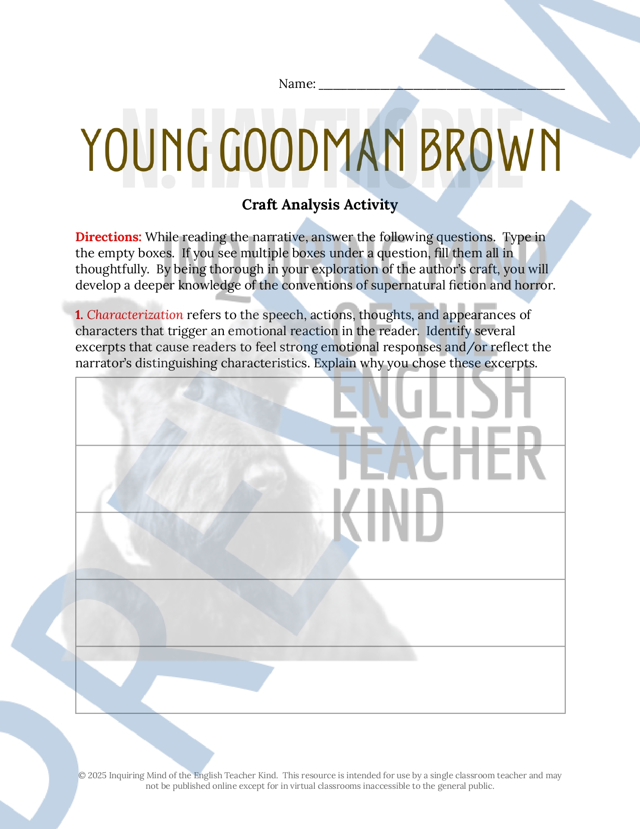 "Young Goodman Brown" by Nathaniel Hawthorne Craft Analysis Activity ...