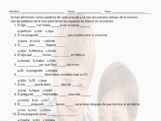 Reported Speech Missing Words Spanish Worksheet | Teaching Resources