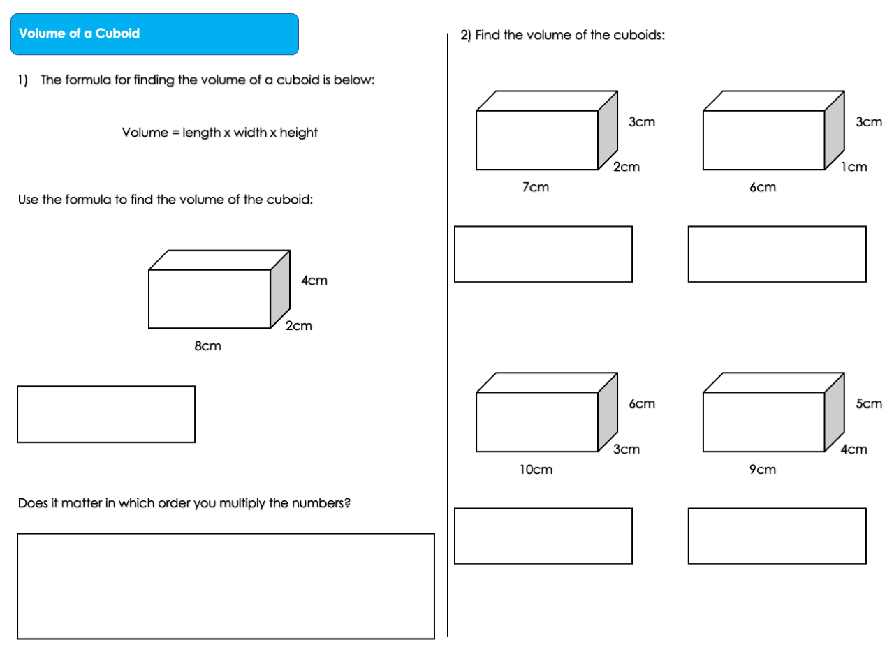 Area, Perimeter and Volume Worksheet - Volume of a Cuboid | Teaching ...