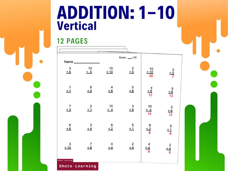 ADDITION 1 10 Worksheets Vertical Math Adding Practice Problems Numbers 