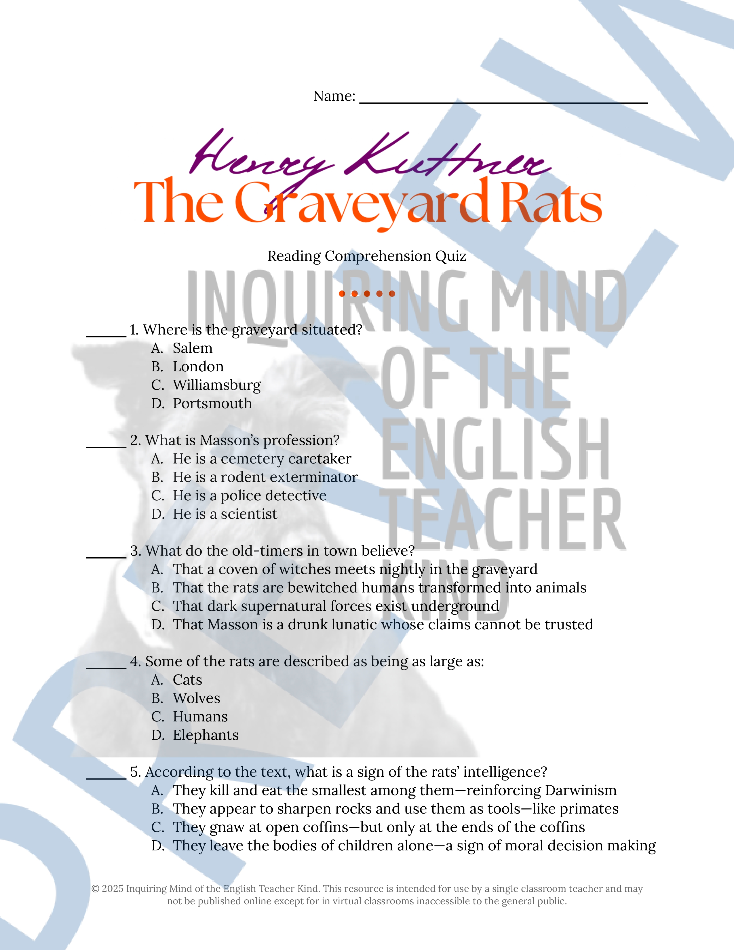 "The Graveyard Rats" by Henry Kuttner Quiz and Answer Key | Halloween ...