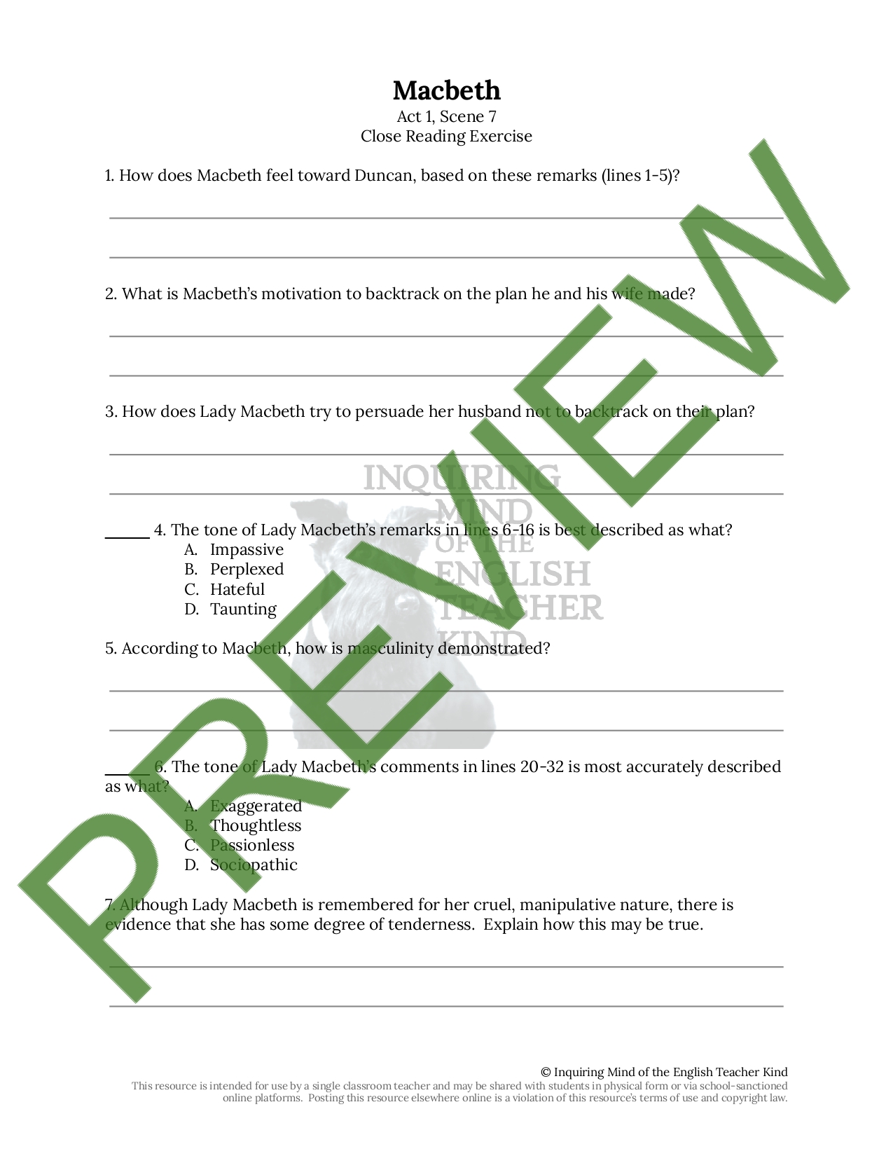 Macbeth Act 1 Scene 7 Close Reading Worksheet | Teaching Resources