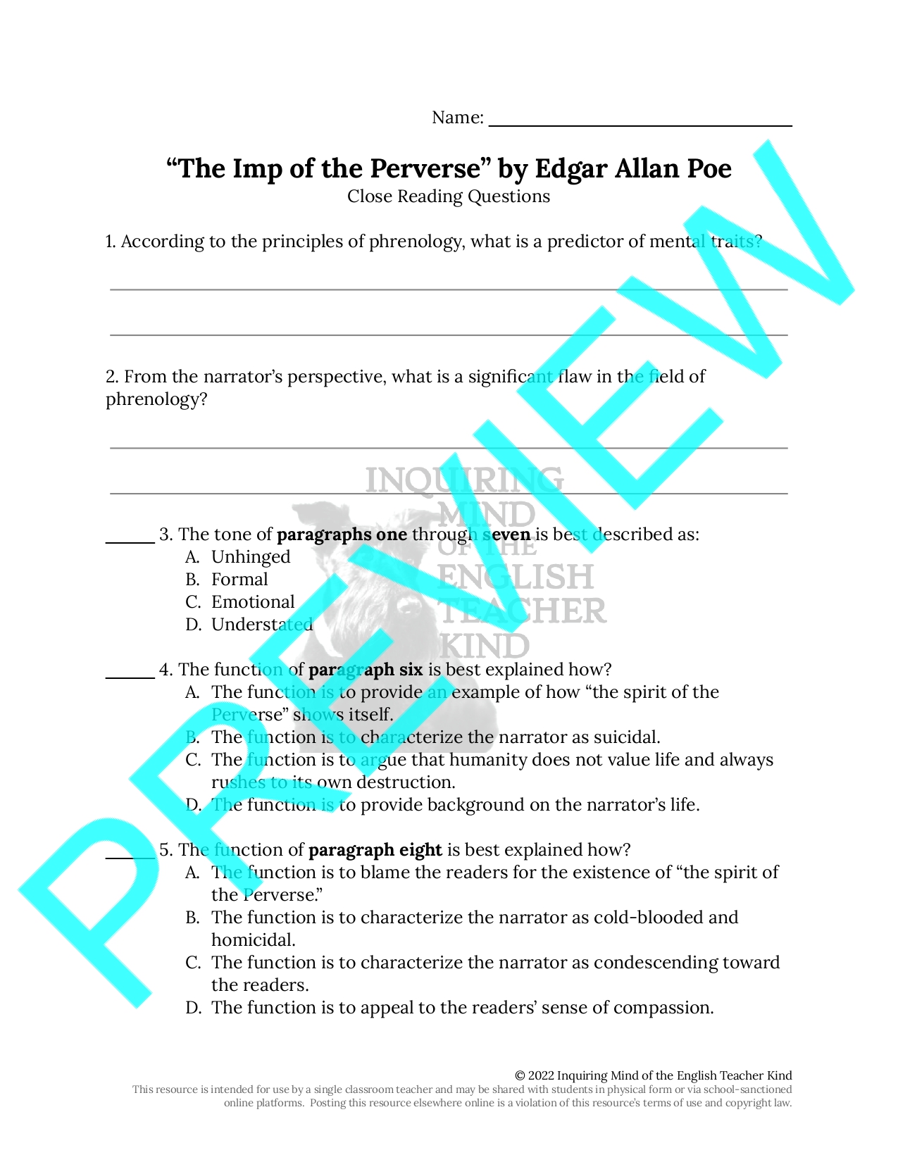 "The Imp of the Perverse" by Edgar Allan Poe Close Reading Worksheet ...