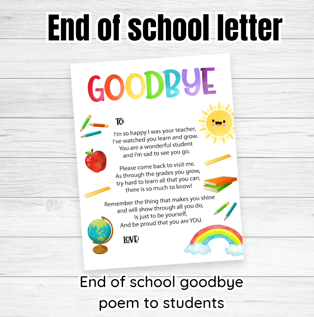 Gift from Teacher, end of school letter, goodbye poem to students, end ...