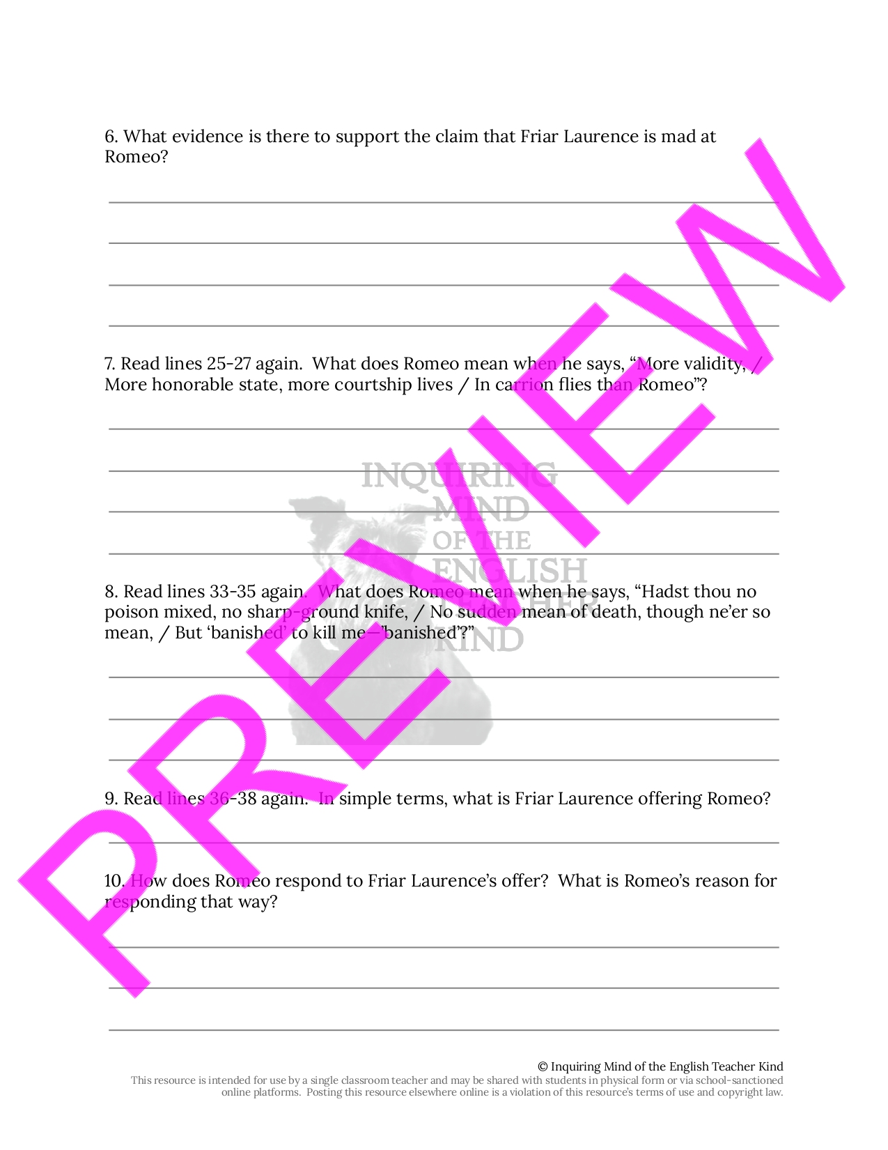 Romeo and Juliet Act 3 Scene 3 Close Reading Worksheet | Teaching Resources