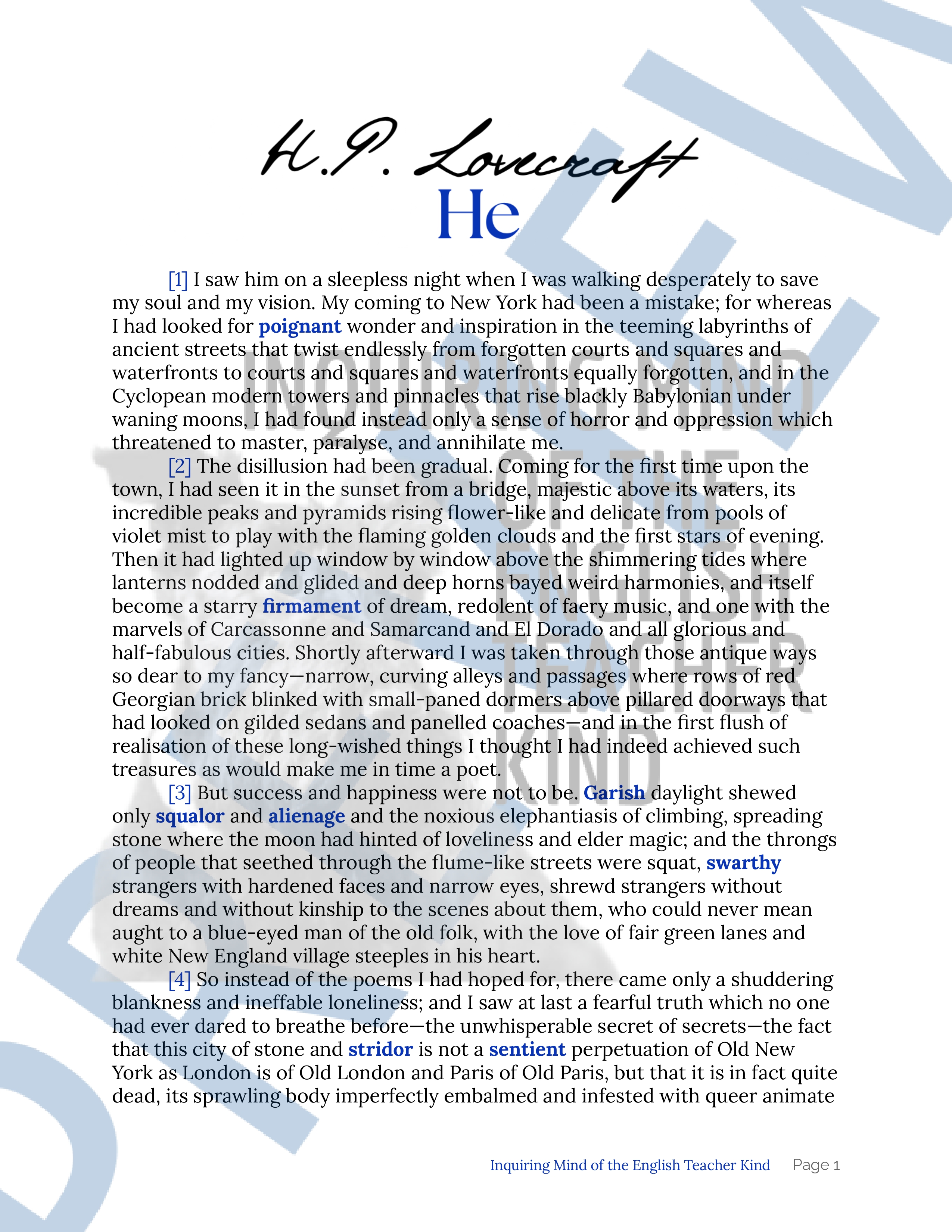 "He" by H.P. Lovecraft Quiz and Answer Key | Fantasy Literature ...