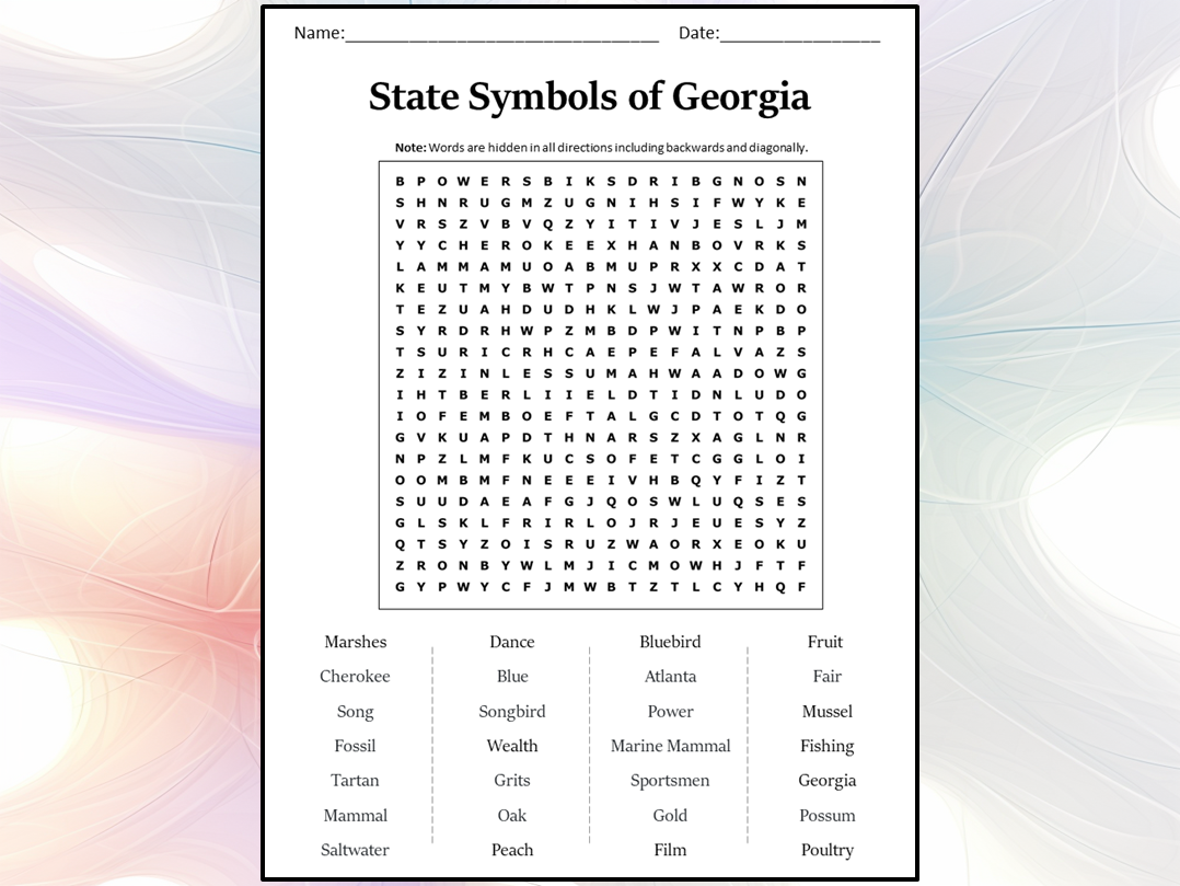 State Symbols of Georgia Word Search Puzzle Worksheet Activity ...
