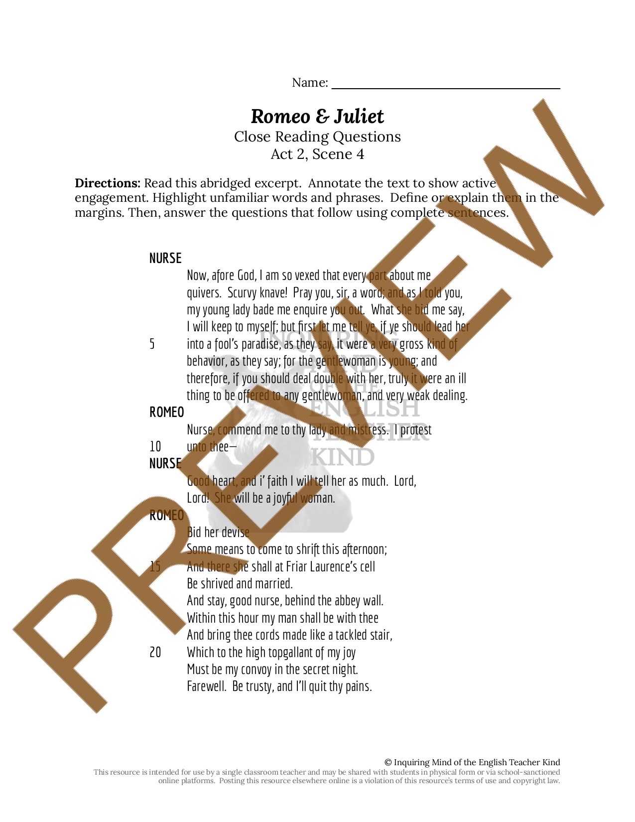 Romeo and Juliet Act 2 Scene 4 Close Reading Worksheet | Teaching Resources