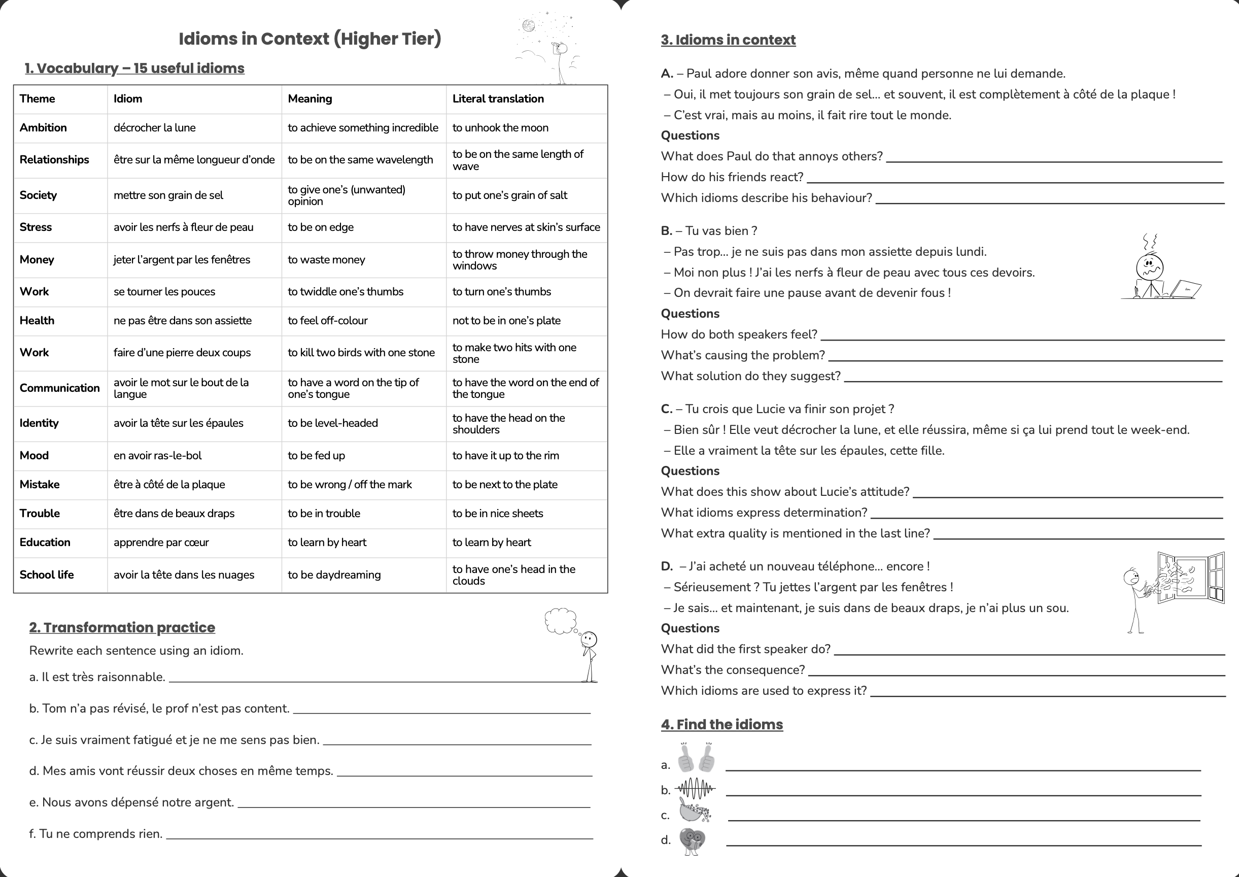 Idioms in context - New French GCSE (Higher tier) | Teaching Resources