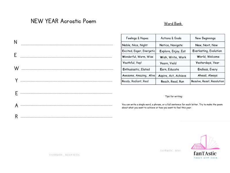 KS2 New Year Activity Pack – Acrostic Poem Template & Word Search ...