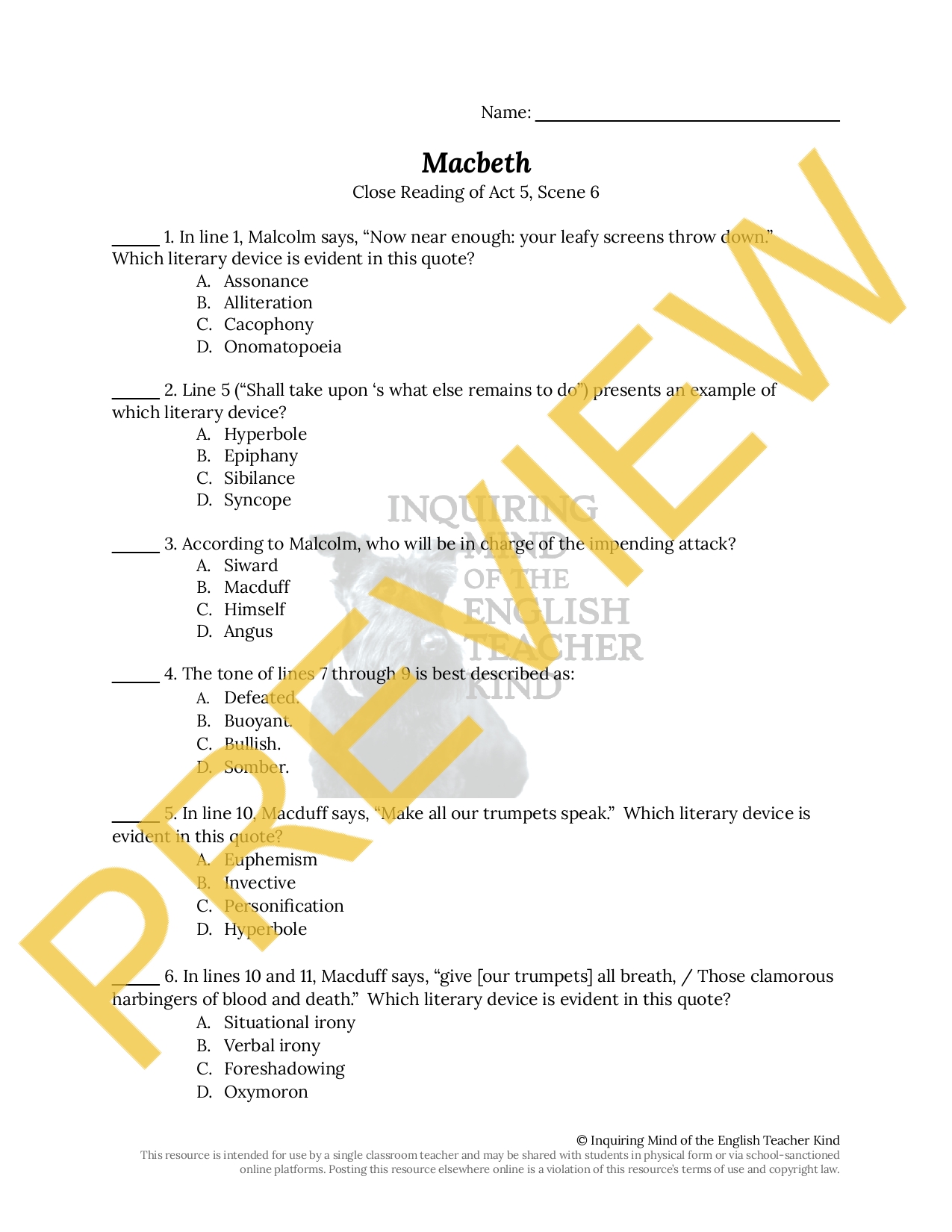 Macbeth Act 5 Scene 6 Close Reading Worksheet | Teaching Resources