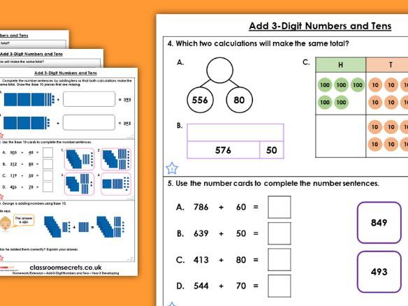Year 3 Add 3-Digit Numbers and Tens Autumn Block 2 Maths Homework ...