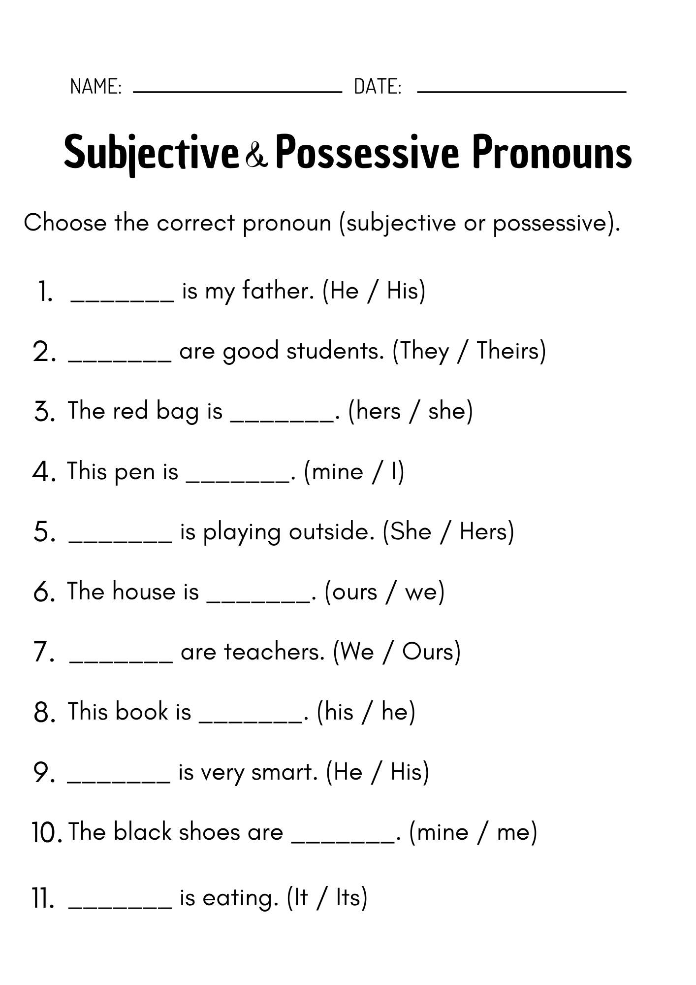 Subjective & Possessive Pronouns Worksheets | Teaching Resources