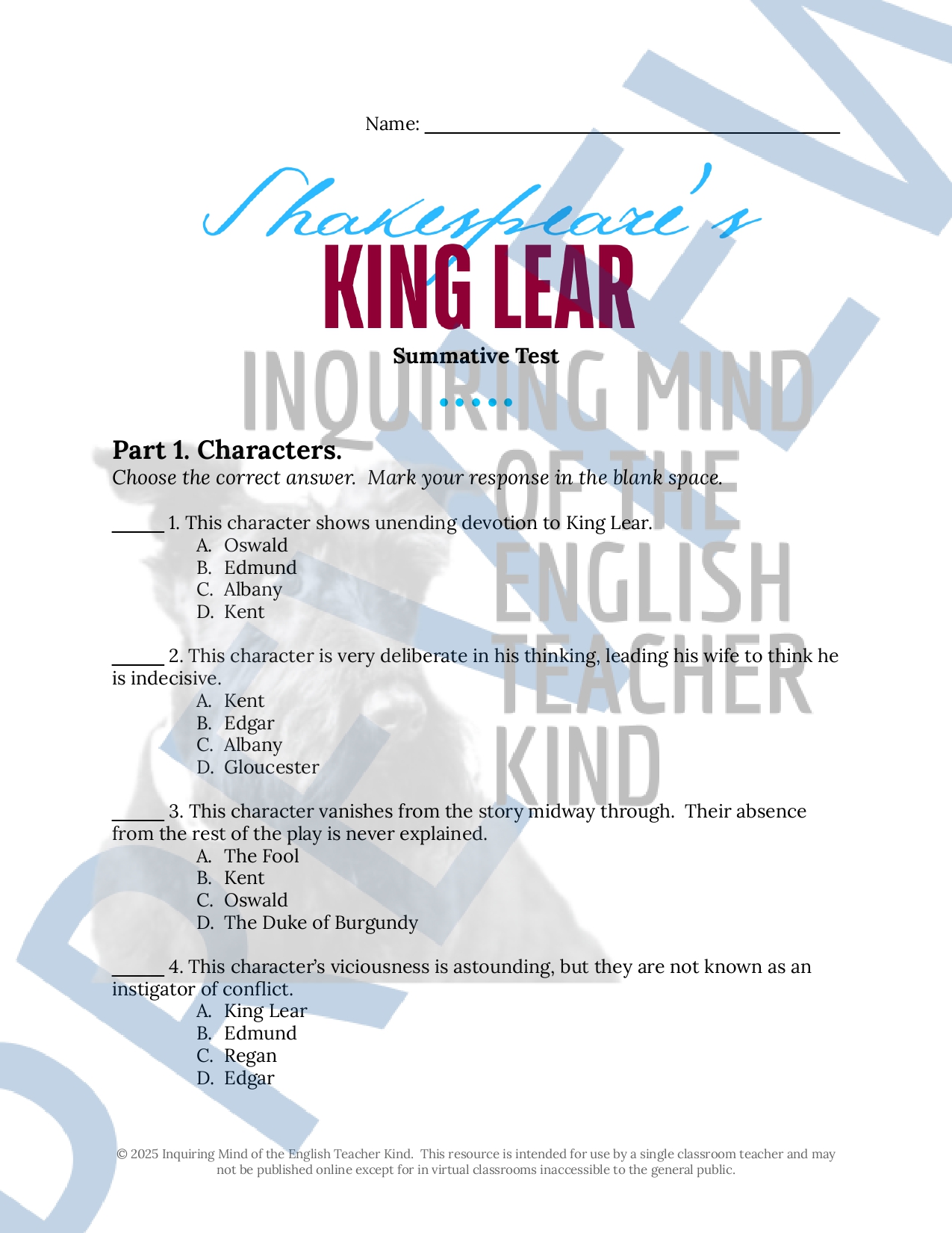 King Lear Test and Answer Key with Thematic Analysis Essay and Rubric ...