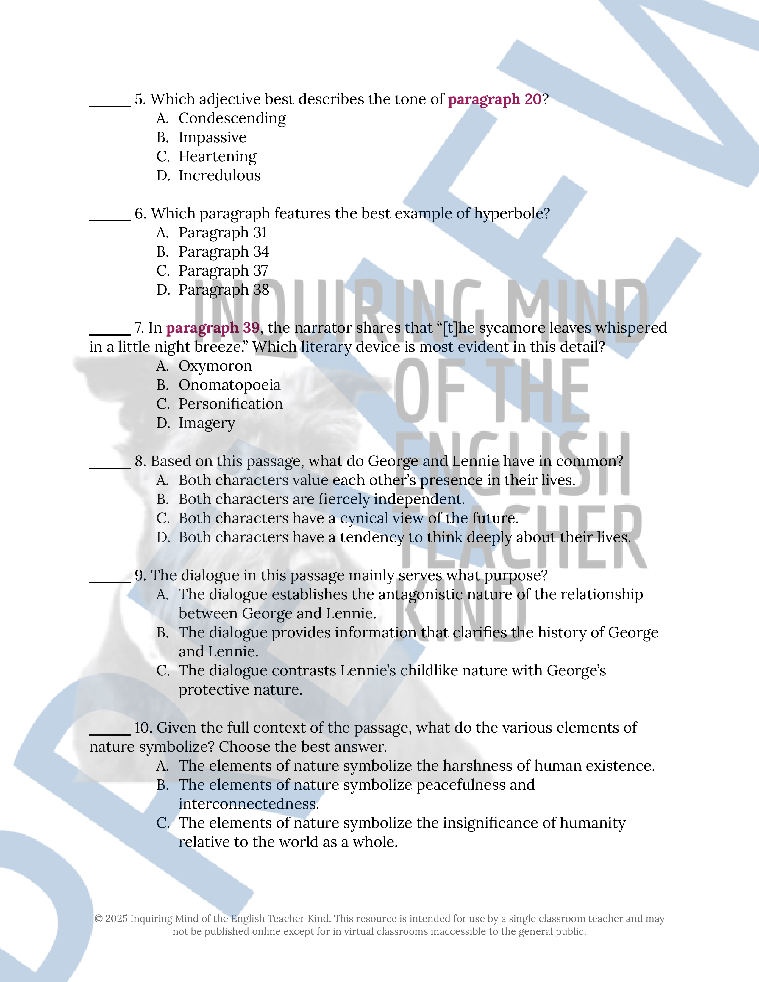 Of Mice and Men Chapter 1 Novel Analysis Worksheet | Close Reading ...