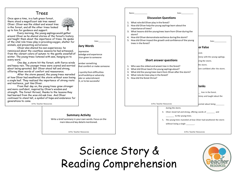 Trees Reading Science Story Comprehension Questions Worksheet ...
