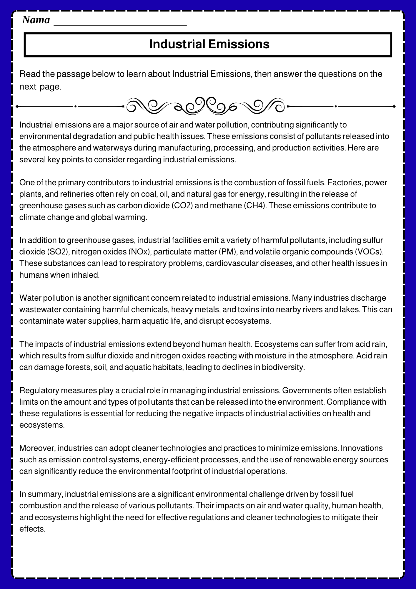 Industrial Emissions Reading Comprehension Passages & Questions ...