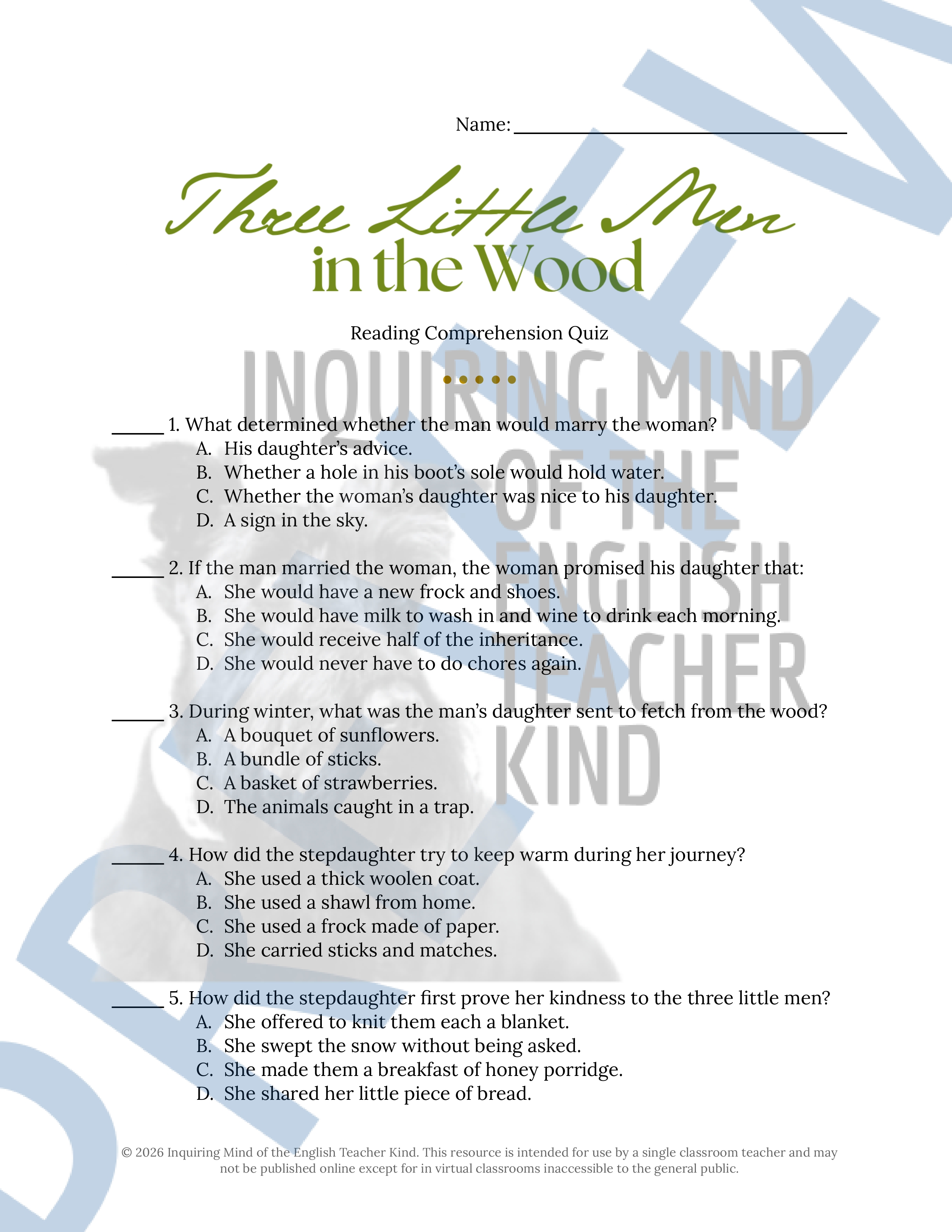 "Three Little Men in the Wood" Quiz and Answer Key | Brothers Grimm ...