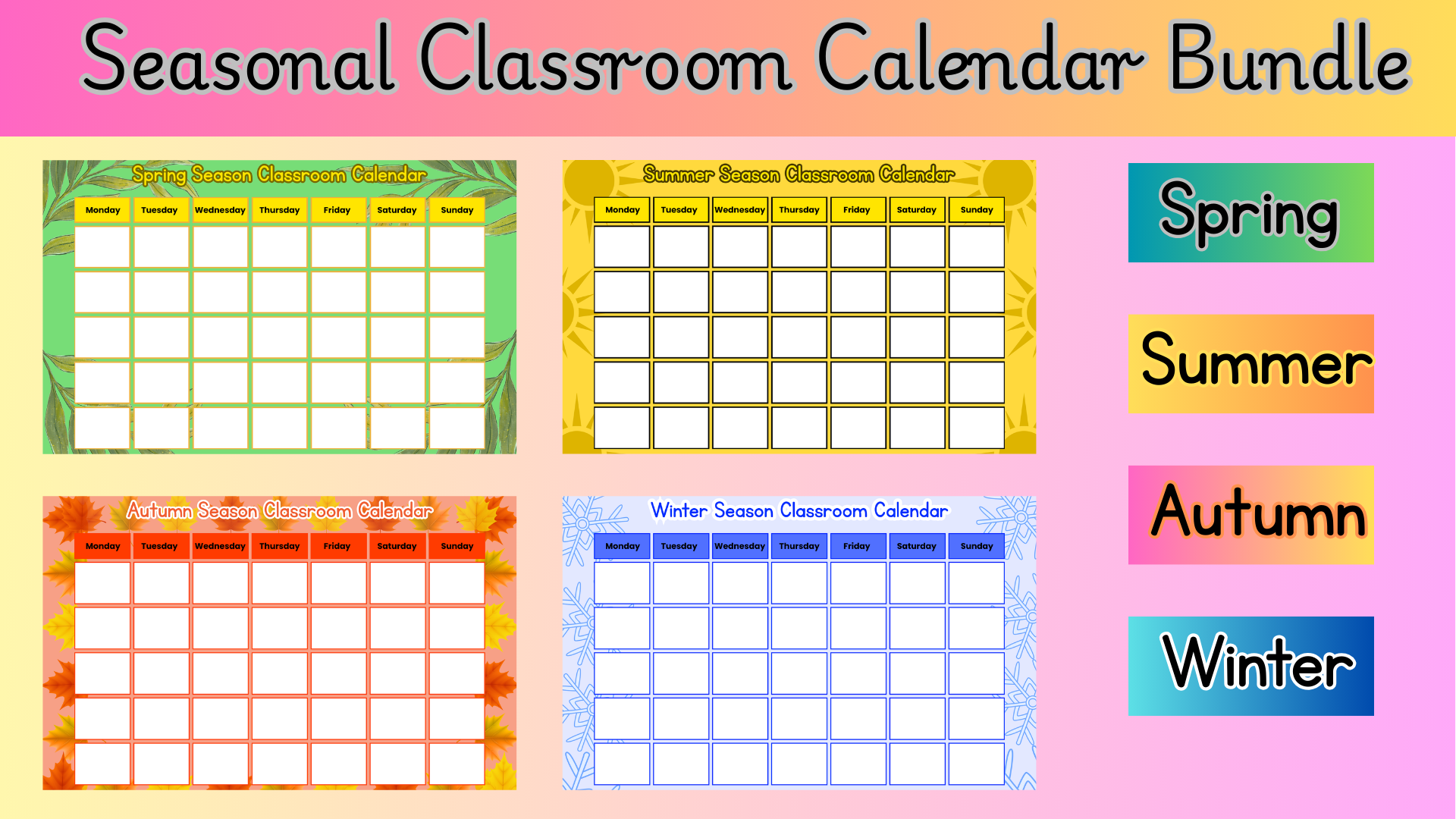Seasonal Classroom Calendar Bundle | Printable | Spring, Summer, Autumn ...