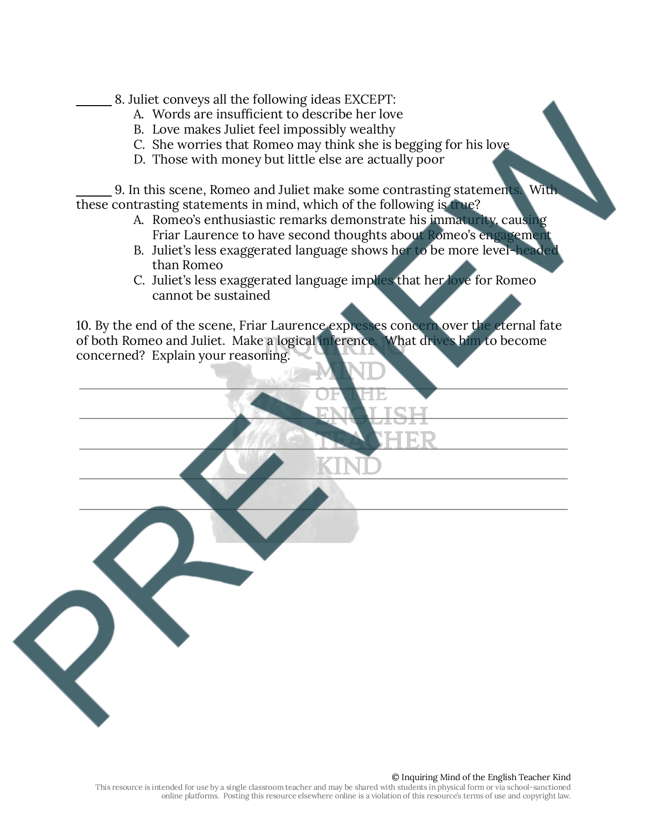 Romeo and Juliet Act 2 Scene 6 Close Reading Worksheet | Teaching Resources