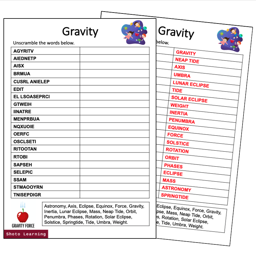 GRAVITY SCIENCE ACTIVITY - BUNDLE WORD FIND UNSCRAMBLE WORDS CROSSWORD ...