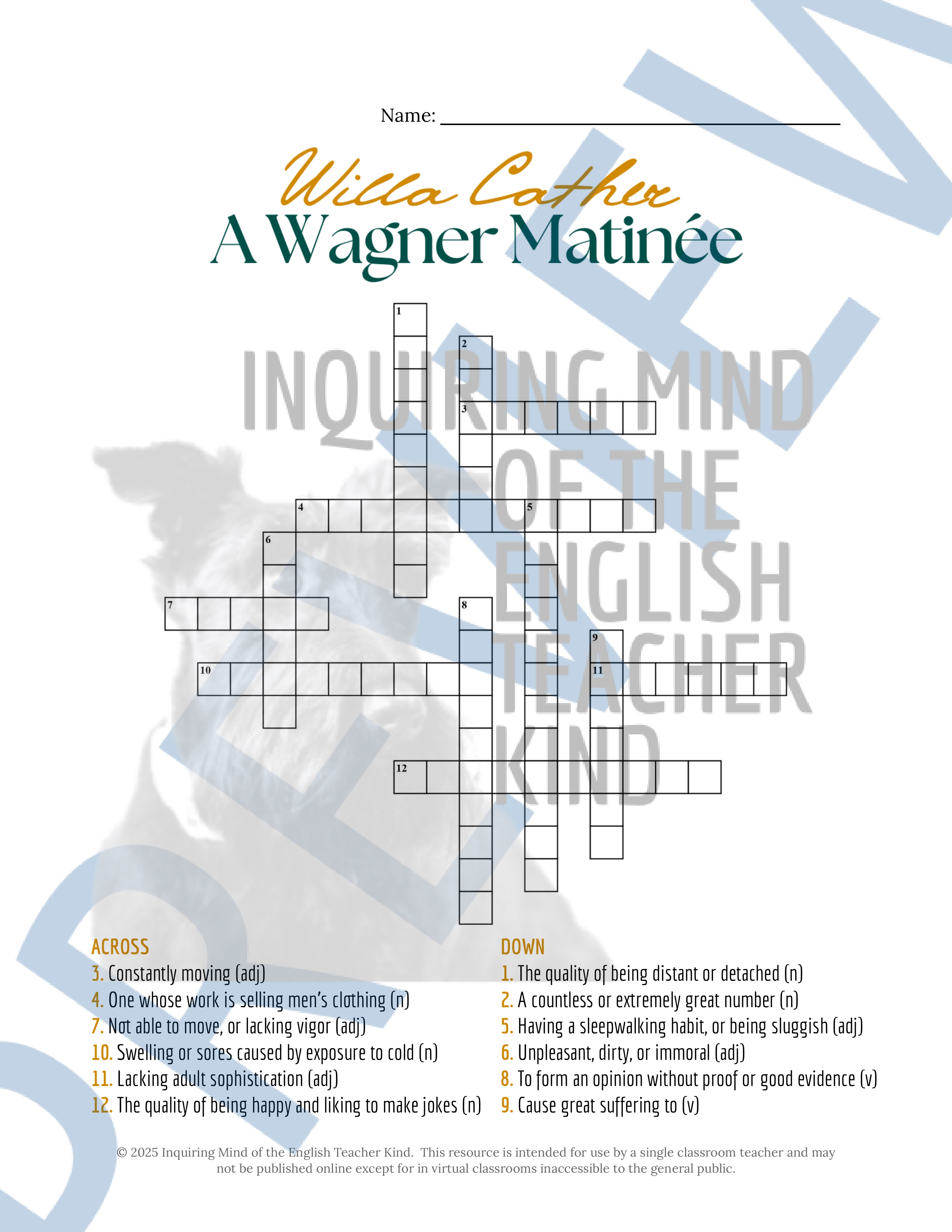 "A Wagner Matinee" by Willa Cather Vocabulary Enrichment Activities ...
