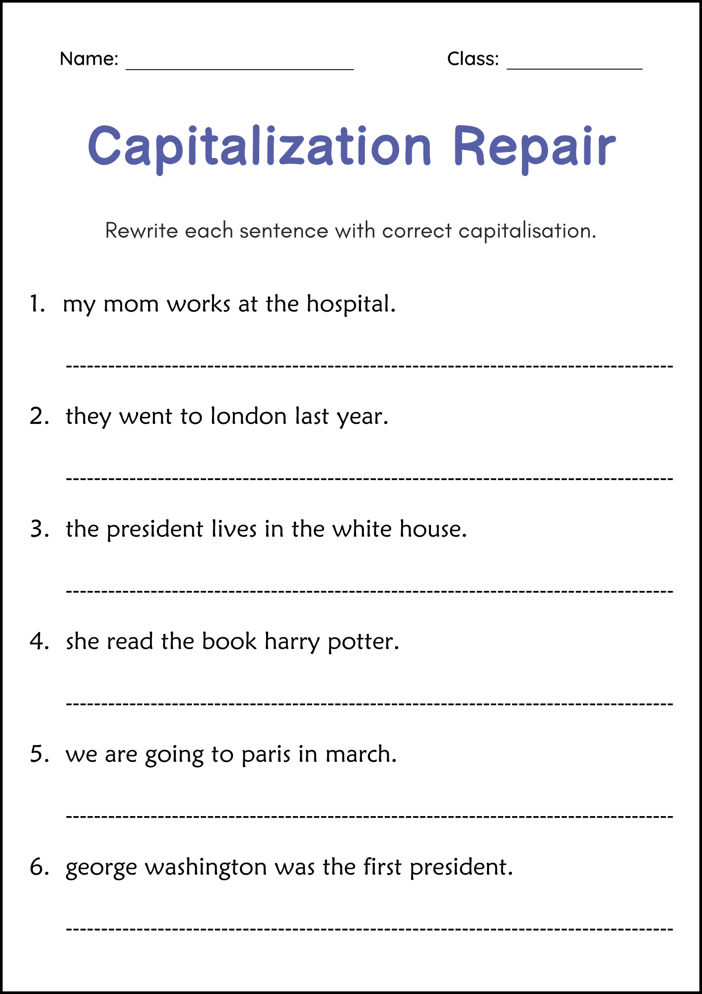 Sentence Repair Worksheets - Editing Capitals, Spelling and Punctuation ...