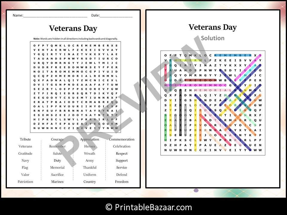 Veterans Day Word Search Puzzle Worksheet Activity | Teaching Resources