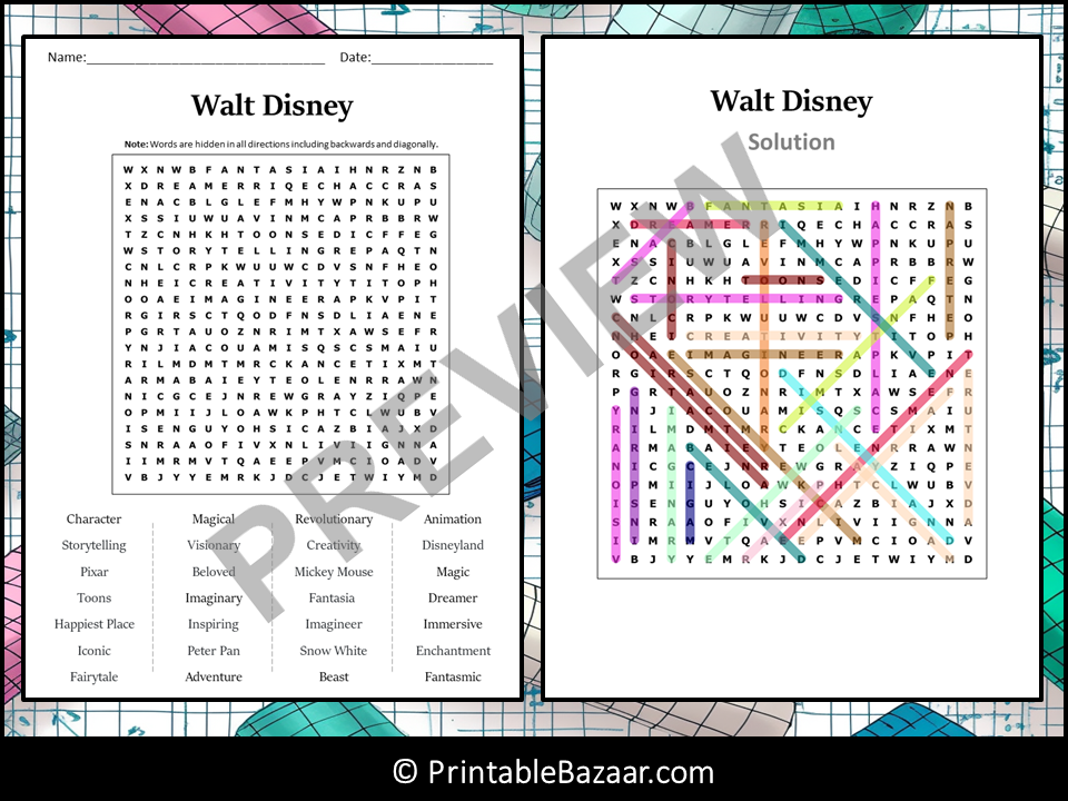 Walt Disney Word Search Puzzle Worksheet Activity | Teaching Resources