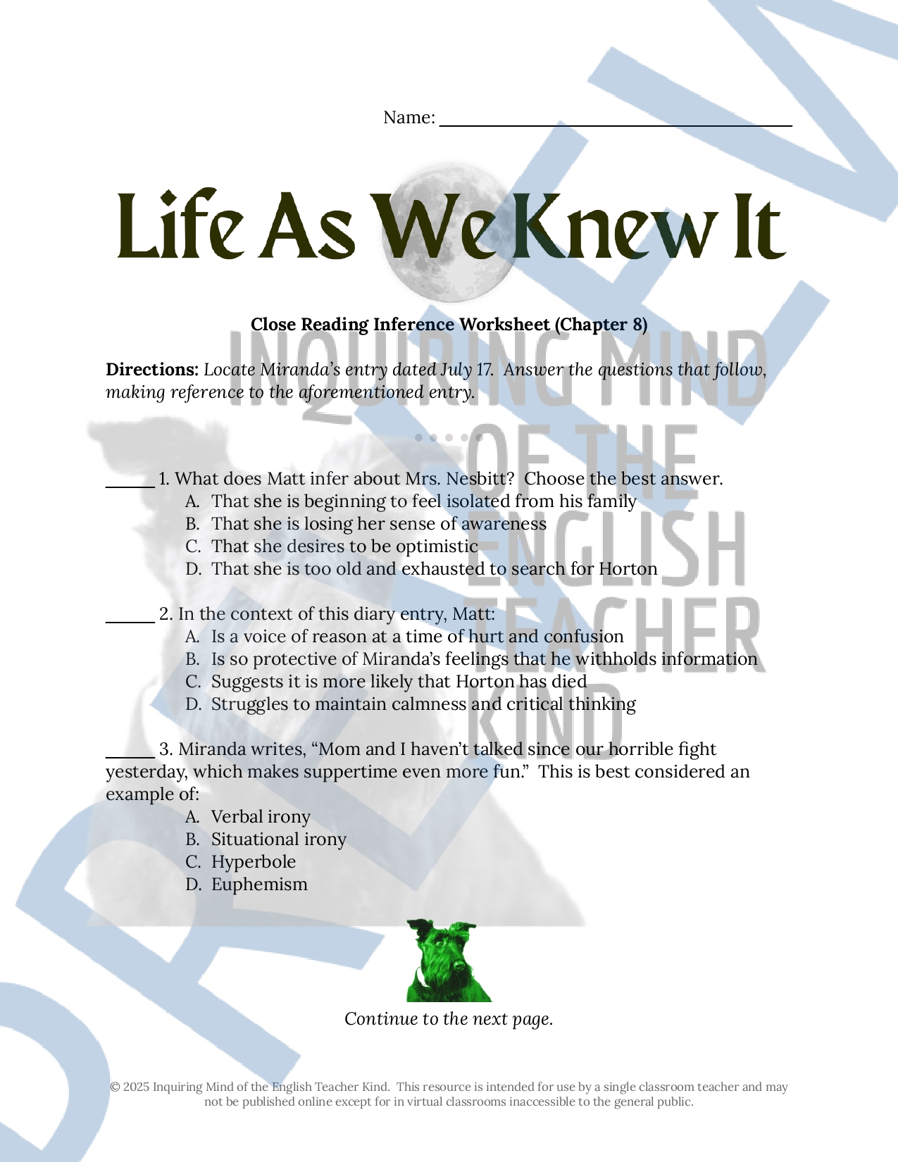 Life As We Knew It Chapter 8 Close Reading Inference Worksheet and ...