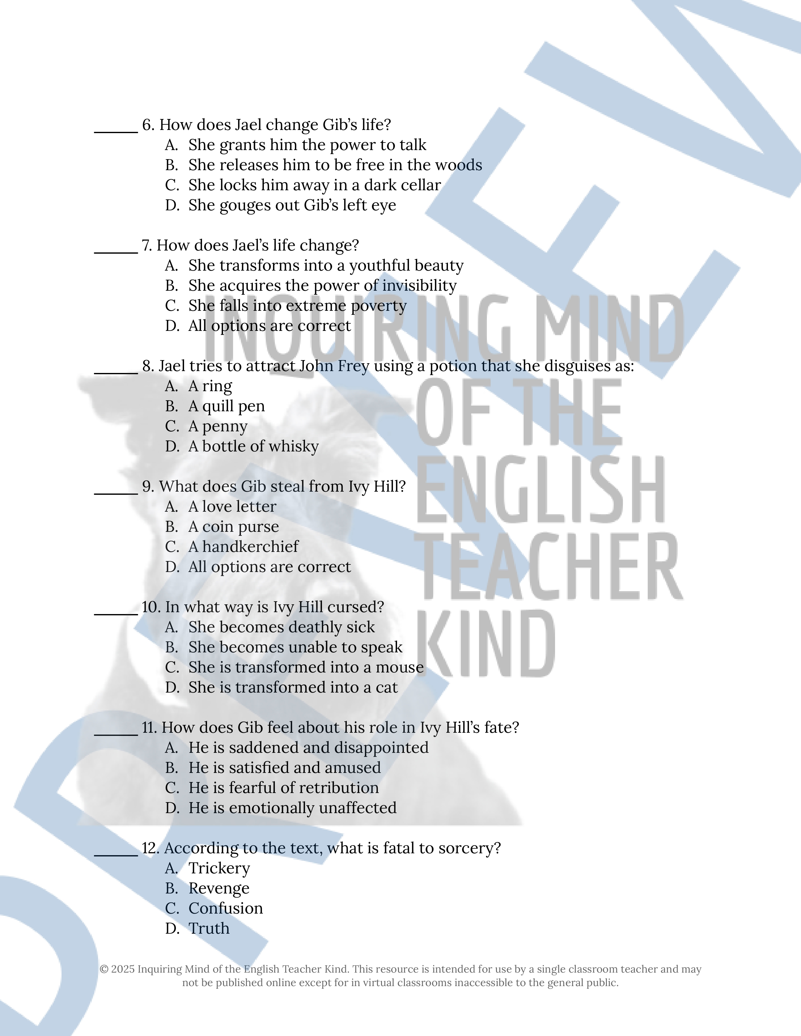 "The Witch's Cat" by Manly Wade Wellman Quiz and Answer Key (Halloween ...