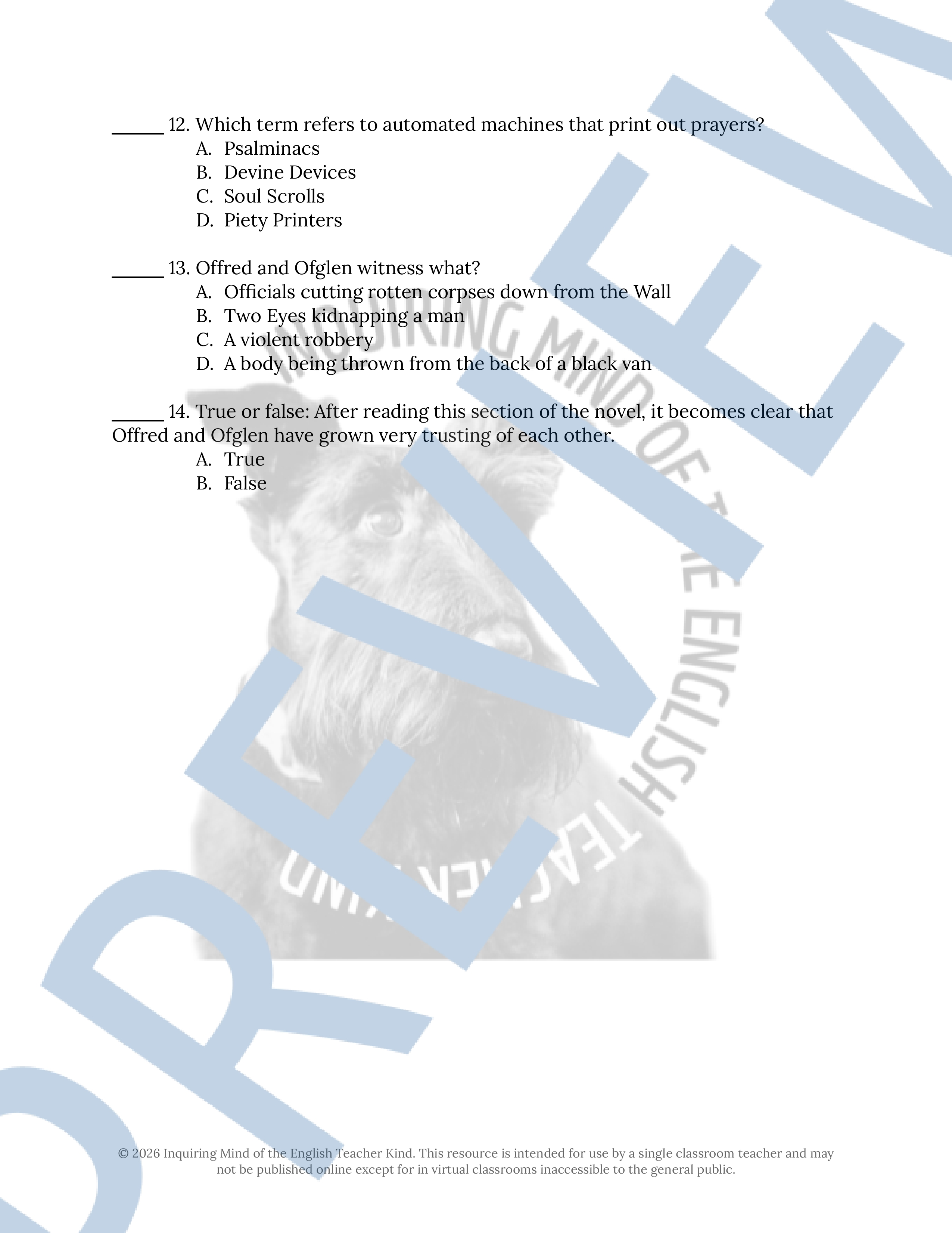 The Handmaid's Tale Chapters 24, 25, 26, and 27 Quiz and Answer Key ...