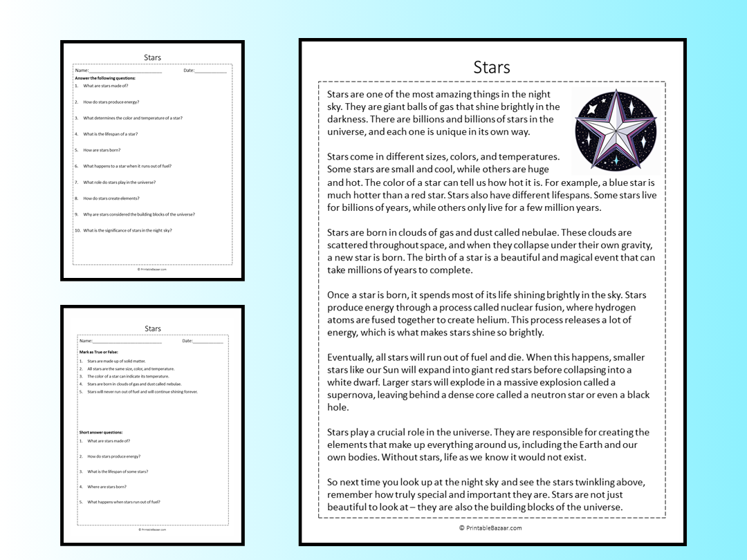 Stars Reading Comprehension Passage Printable Worksheet | Teaching ...